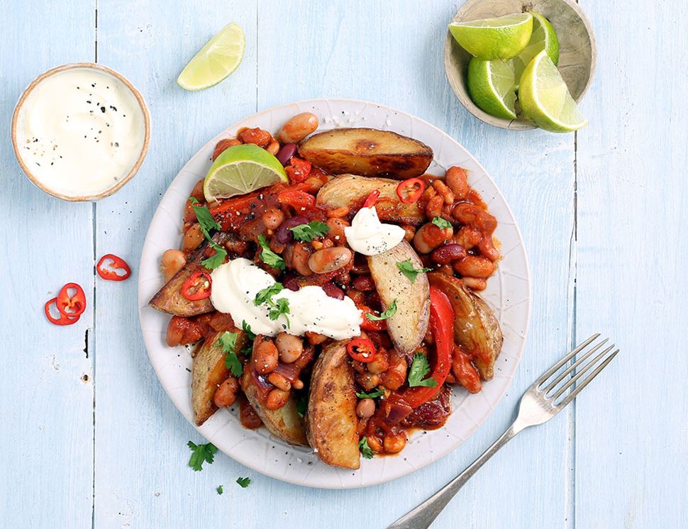 Chunky Bean Chilli with Potato Wedges | Abel & Cole