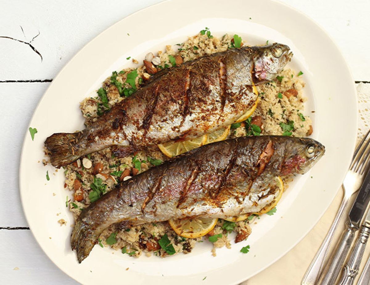 Spanish-Crusted Trout with Lemon & Date Cauli Couscous Recipe | Abel & Cole